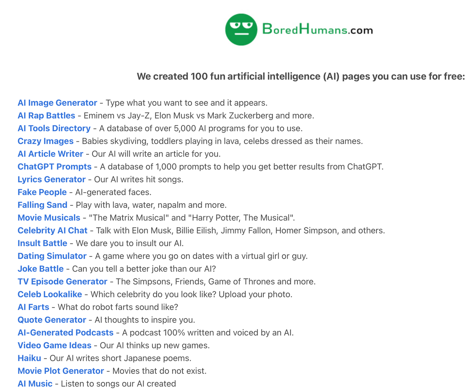 Boredhumans - 100+ Fun Free AI Pages for Image & Text Generation